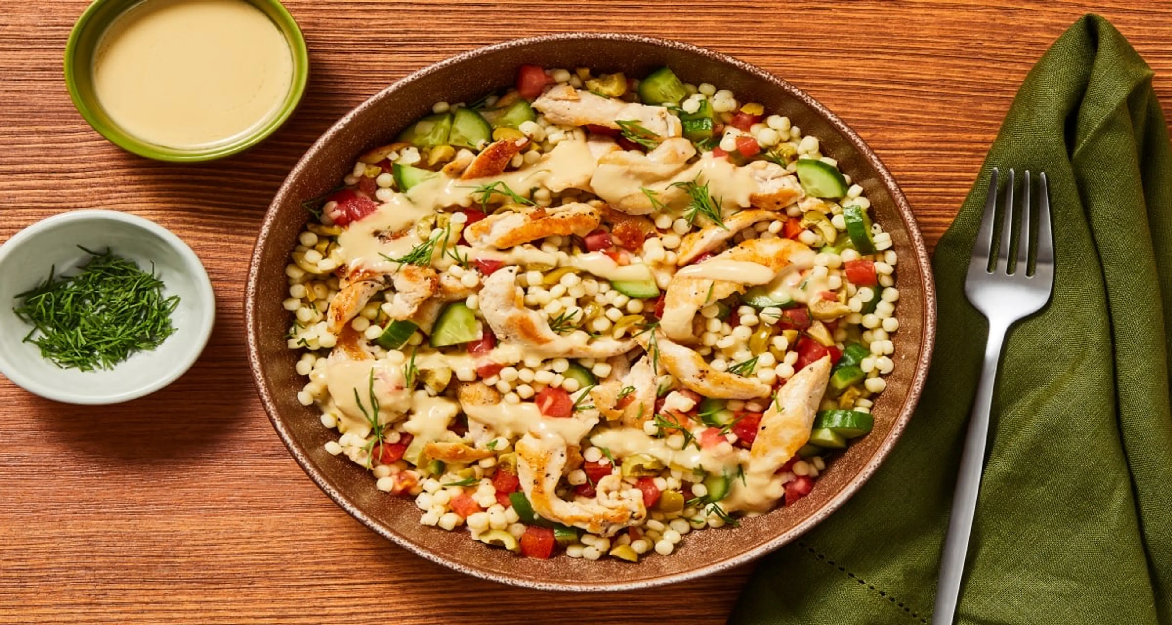 Dilly Chicken & Olive Couscous Bowls with Cucumber, Tomato & | Umami